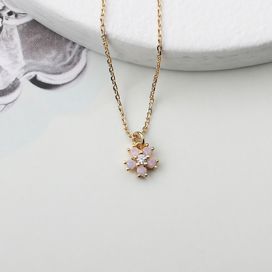 Dainty Pink Opal Necklace, Very Tiny Opal Flower CZ Necklace, Opal ...