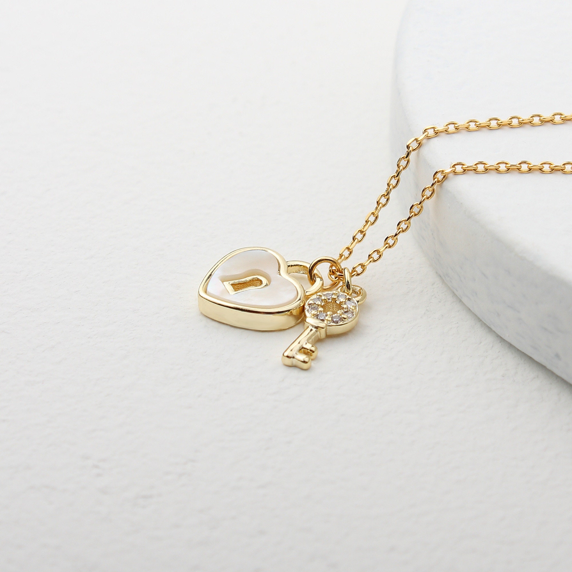 Gold Lock and Key Necklace, Mother of Pearl Heart, Cubic Key - Etsy