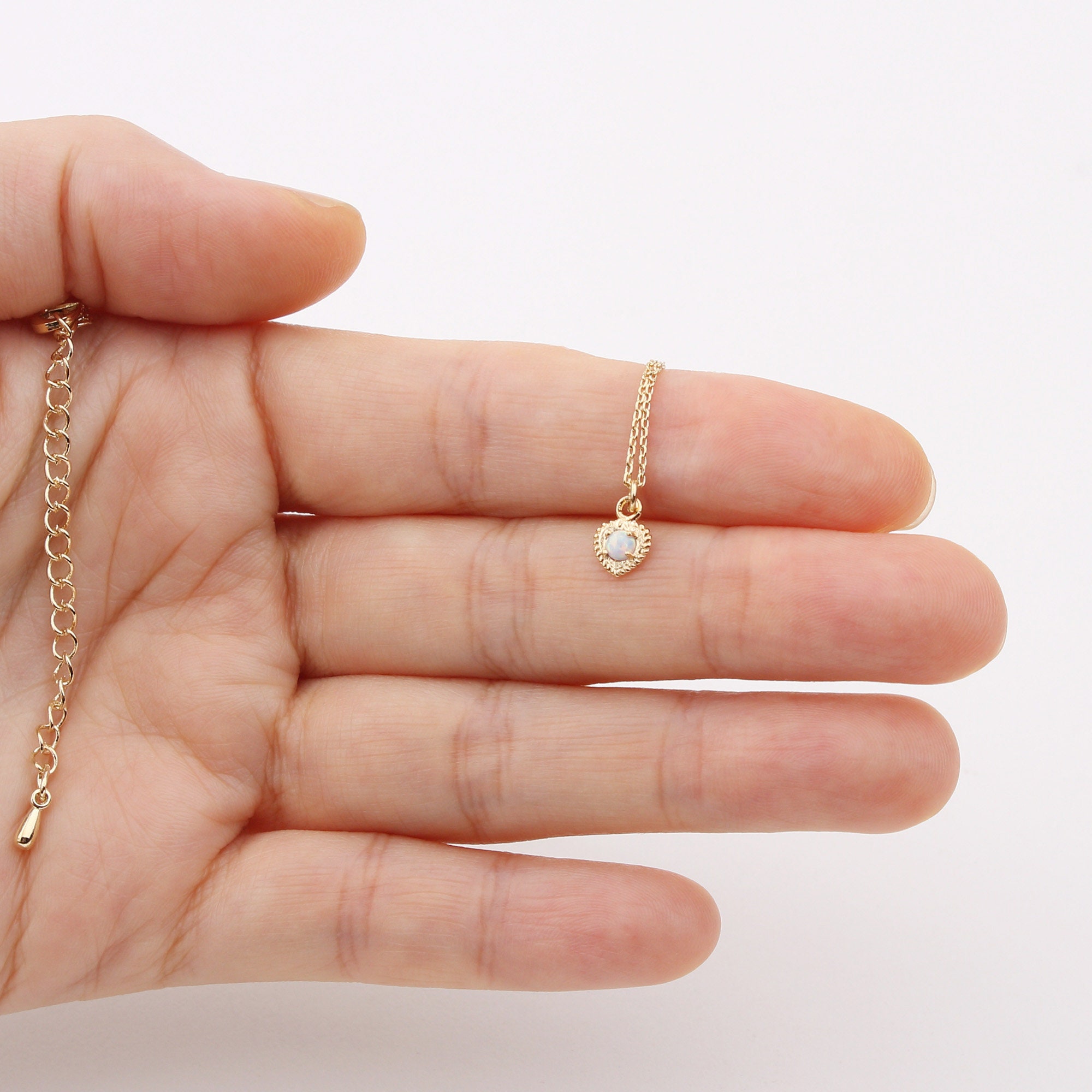 Micro Mini Gold Heart Shaped With Opal Necklace Tiny Opal | Etsy