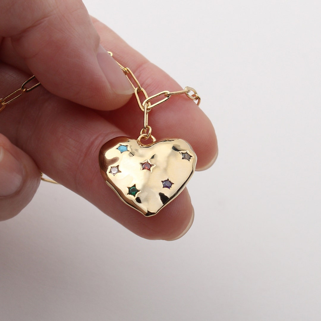 Gold Heart Necklace, Layering Hammered Heart Multi Colored Cubic ...