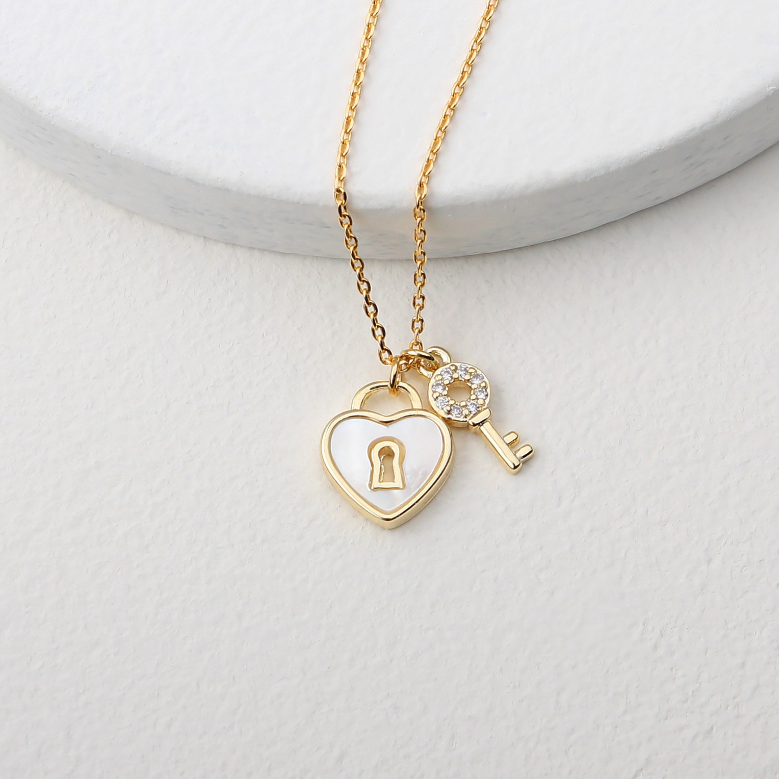 Gold Lock and Key Necklace Mother of Pearl Heart Lock With - Etsy