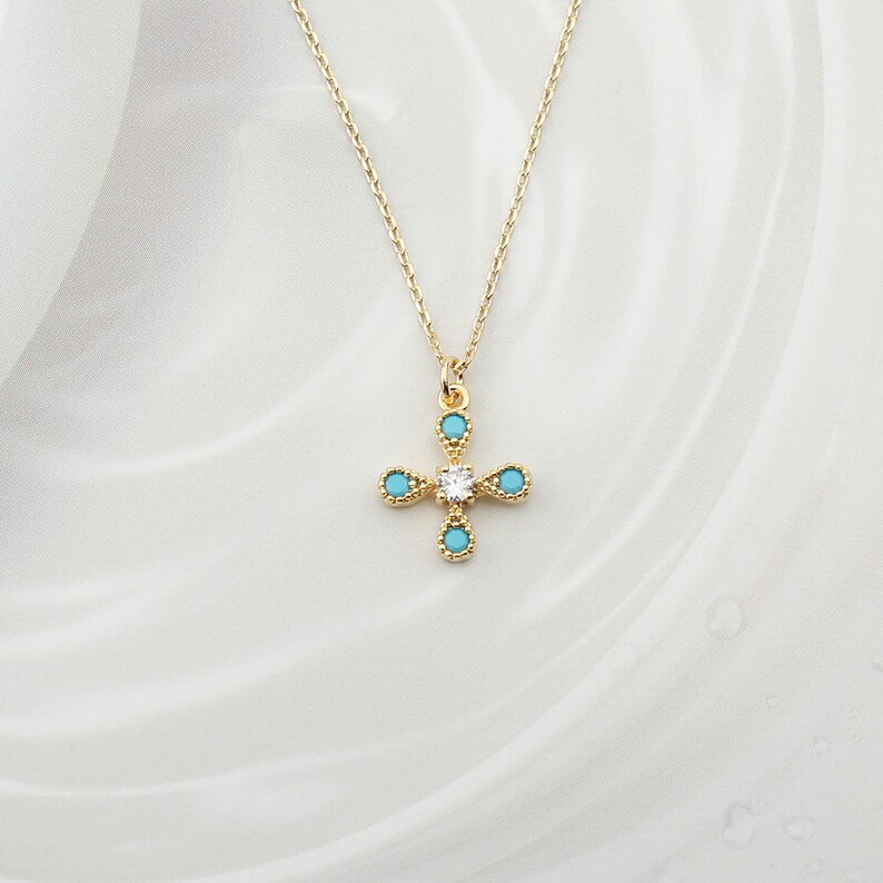 Tiny Cross With Turquoise Cubic Necklace CZ Micro Pave Cross - Etsy