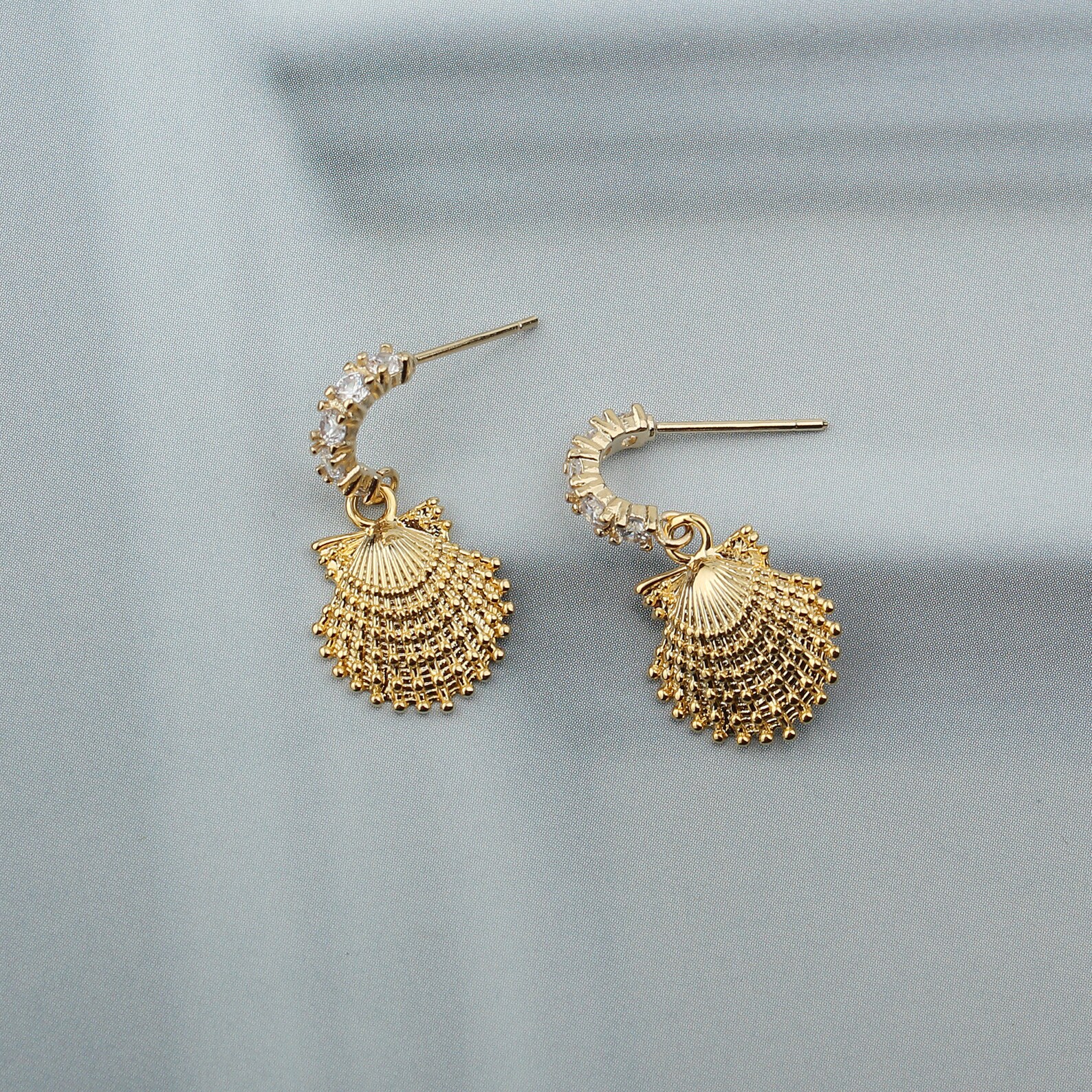 Gold Clam Shell With Tiny CZ Stud Earrings, Gold Scallop Shell, Seashell, Pilgrim Shell, Micro ...