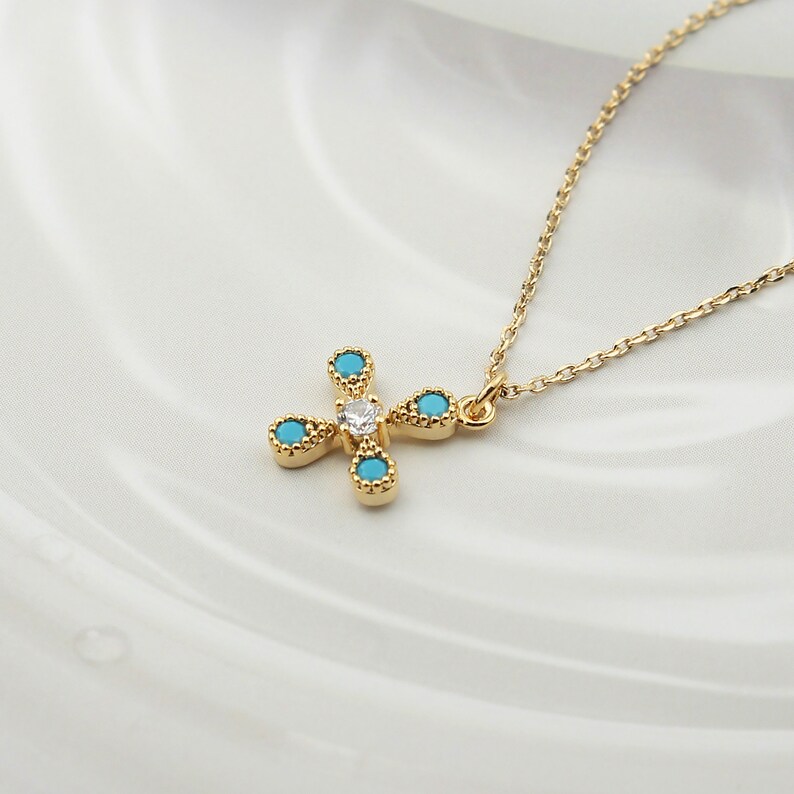 Tiny Cross With Turquoise Cubic Necklace CZ Micro Pave Cross - Etsy