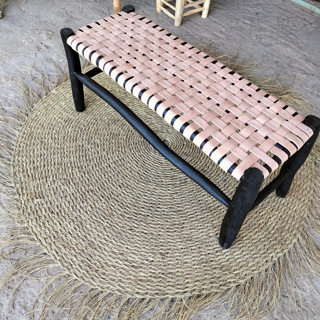 Free Shipping Moroccan Bench in Solid Wood and Camel Leather - Etsy