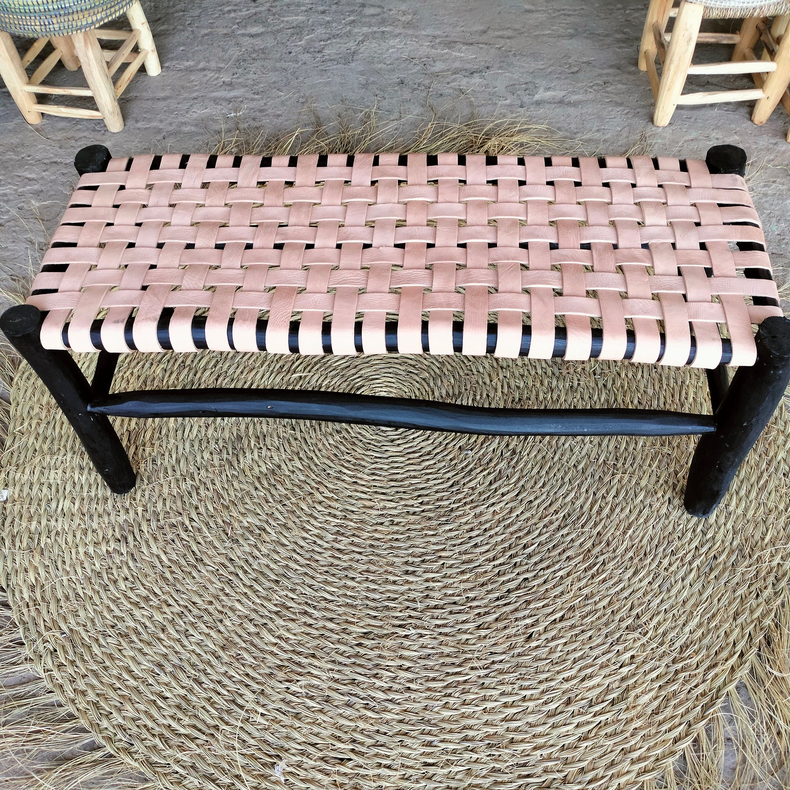 Free Shipping Moroccan Bench in Solid Wood and Camel Leather - Etsy