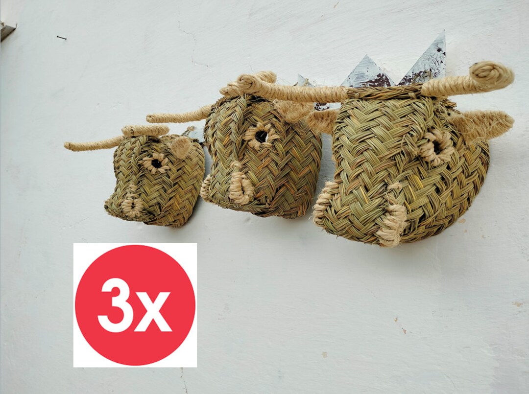 Set of 3 Large Moroccan Straw Bull Head, Animal Head Wall Decor, Faux ...