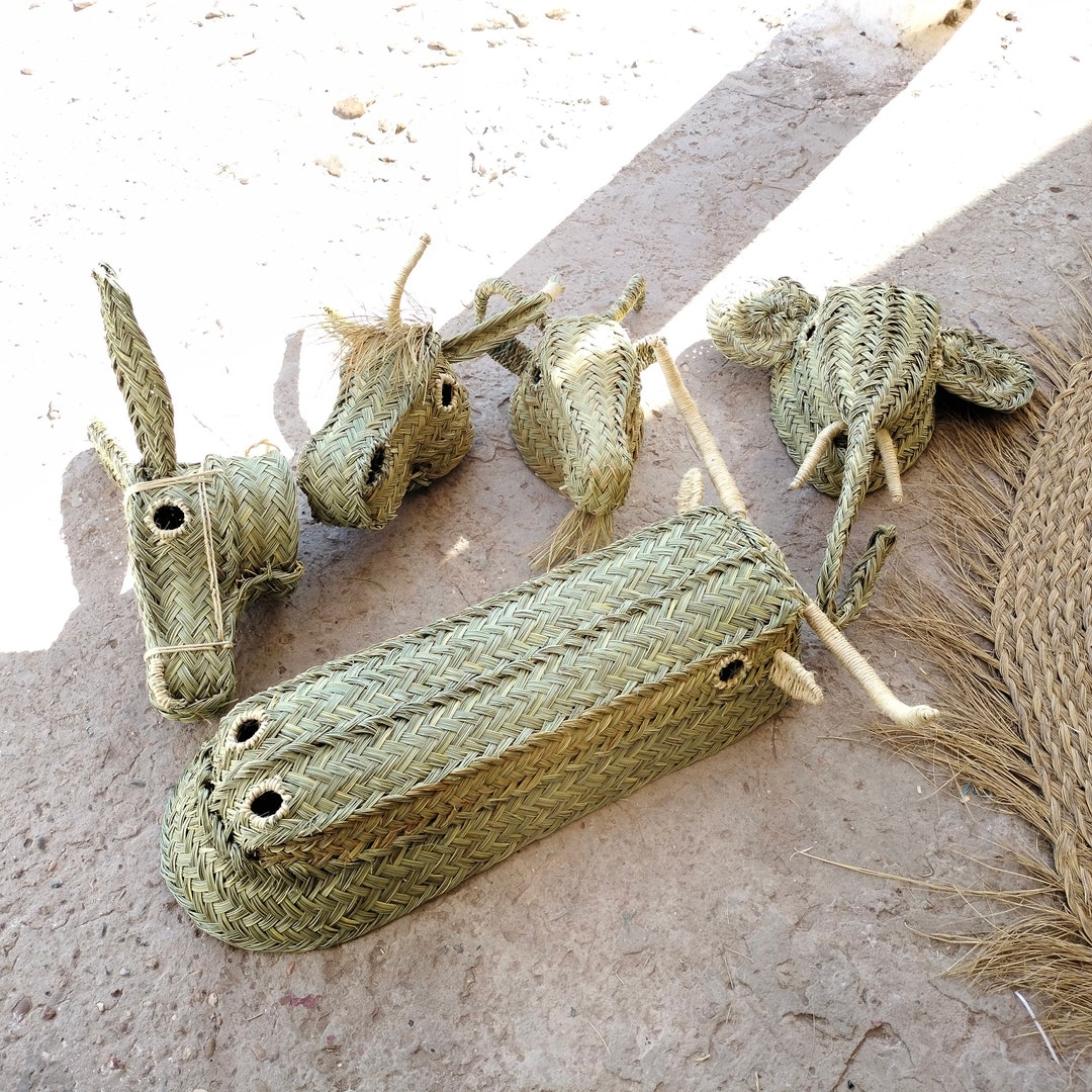 Set of 5 Large Moroccan Straw Head, Animal Head Wall Decor, Faux Trophy ...