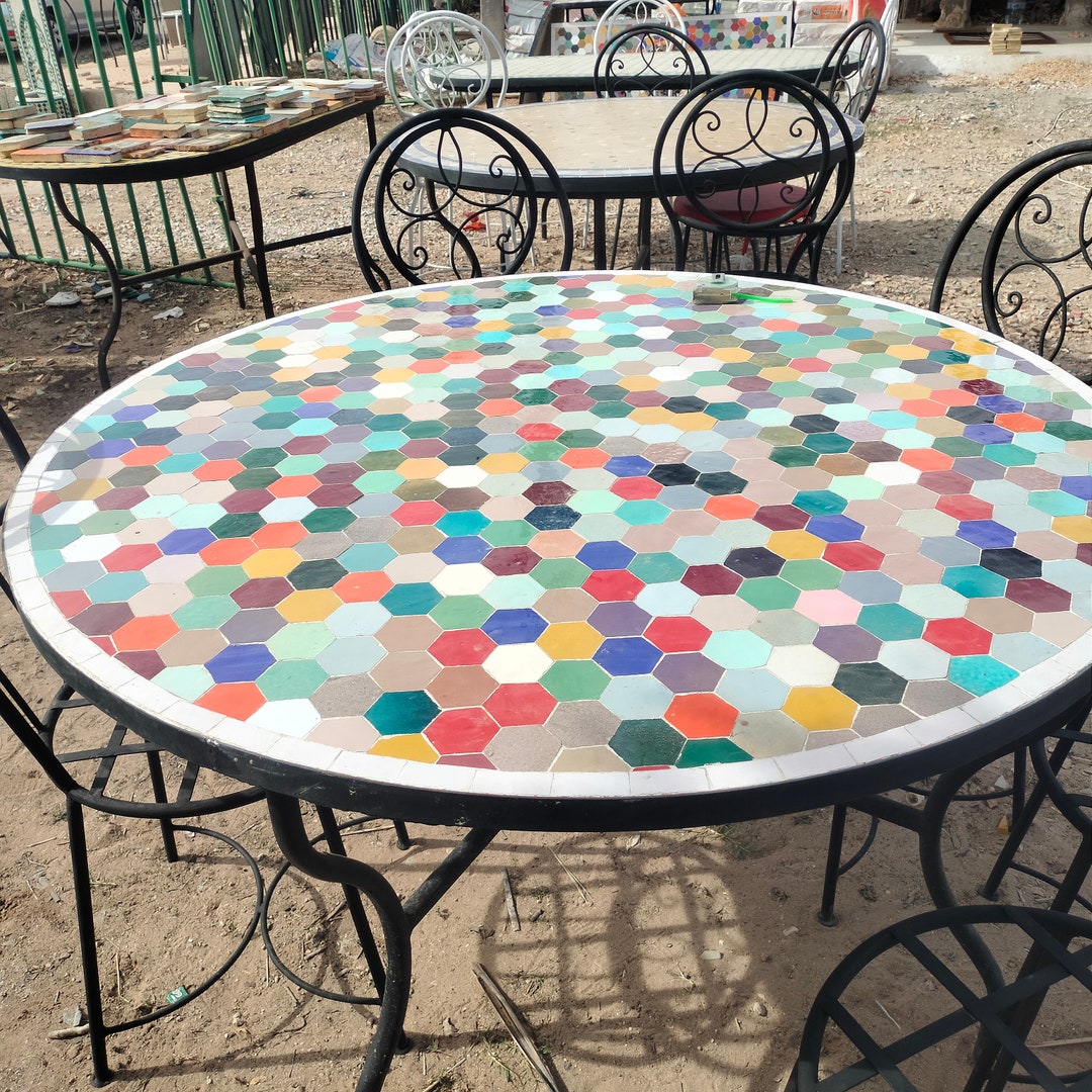 Moroccan Mosaic Table With Iron Structure Mediterranean Garden Table ...