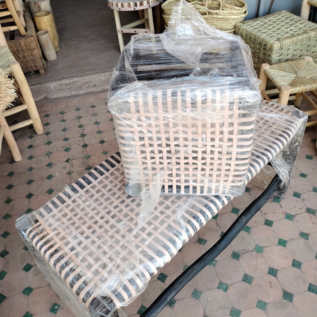 Moroccan Bench in Solid Wood and Camel Leather Traditional Beldi Bench ...