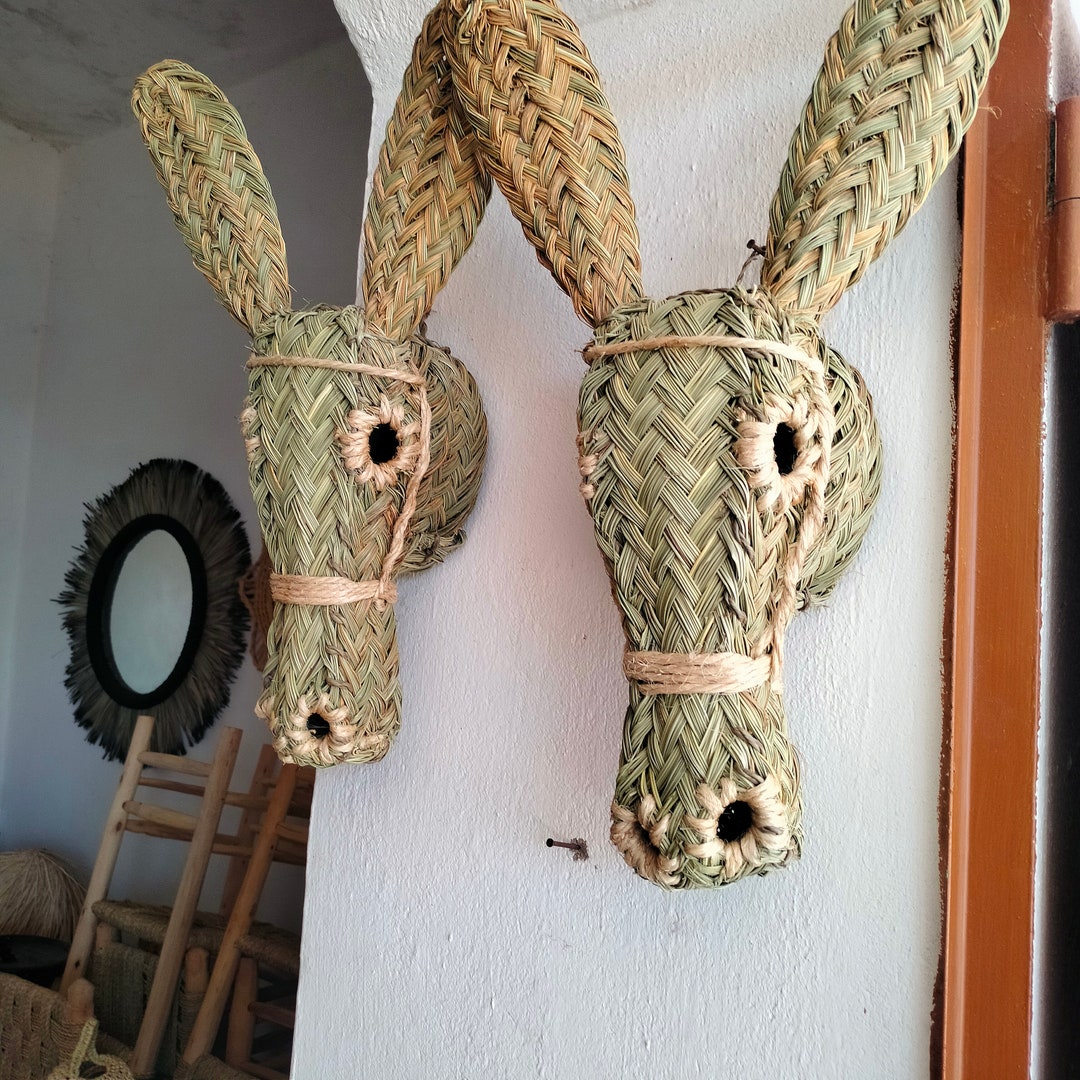 Set of 2 Straw Donkey Heads Fake Head Handmade Straw Trophy Rattan Wall ...