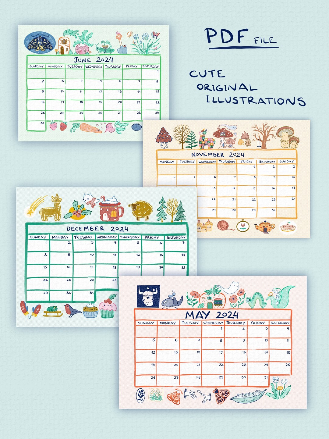 2024 Printable 12 Month Calendar Illustrated Instant Download PDF A4 ...