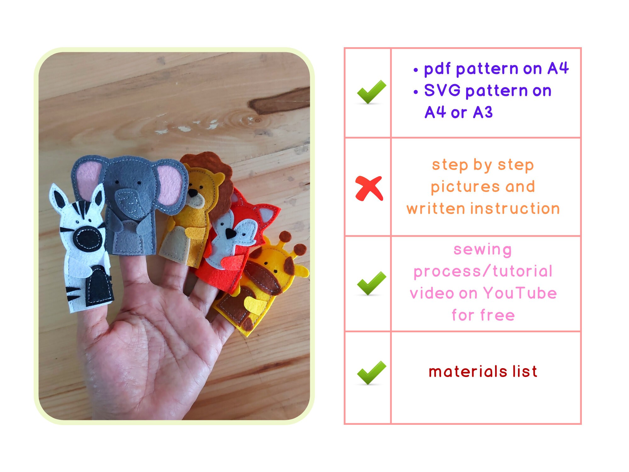 PDF, SVG Zoo Friends Animal Felt Finger Puppet Sewing Pattern - Etsy