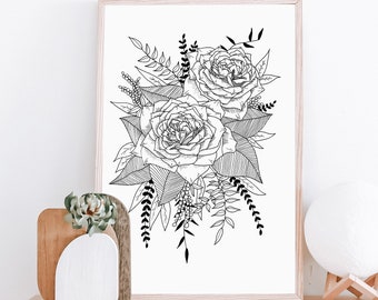 Fine Line Hand Drawn Floral/flower Bouquet #24 - Digital Wall Art - Etsy