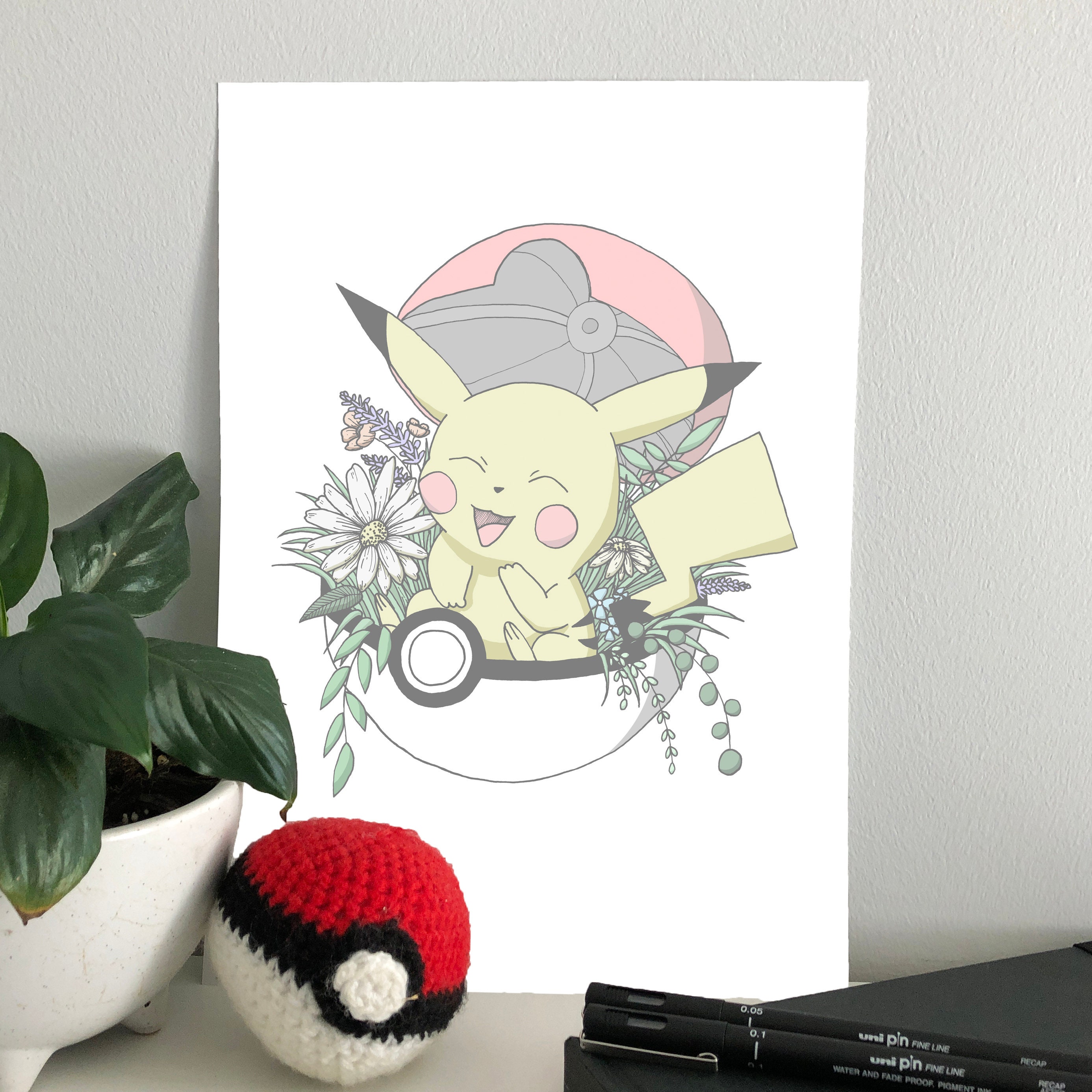 Pastel Pikachu Art Print Pokemon Fine Line Floral Art - Etsy Australia