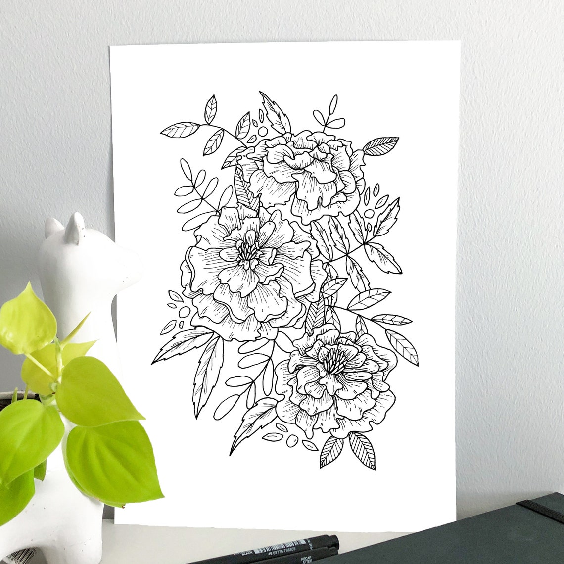 Marigold Art Print Fine Line Floral Art | Etsy