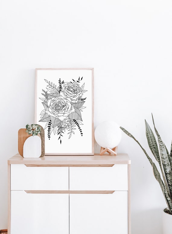 Rose Bouquet Art Print Fine Line Floral Art | Etsy