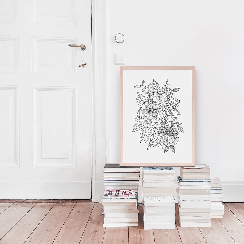 Marigold Art Print Fine Line Floral Art | Etsy