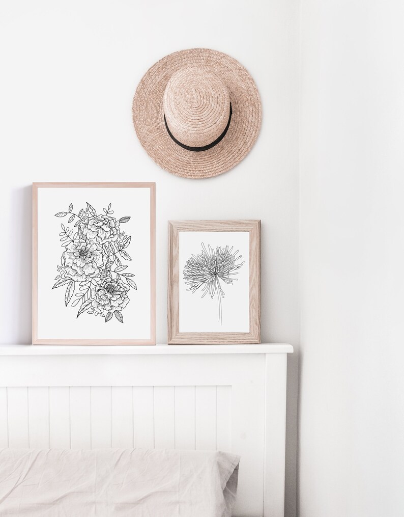 Marigold Art Print Fine Line Floral Art | Etsy