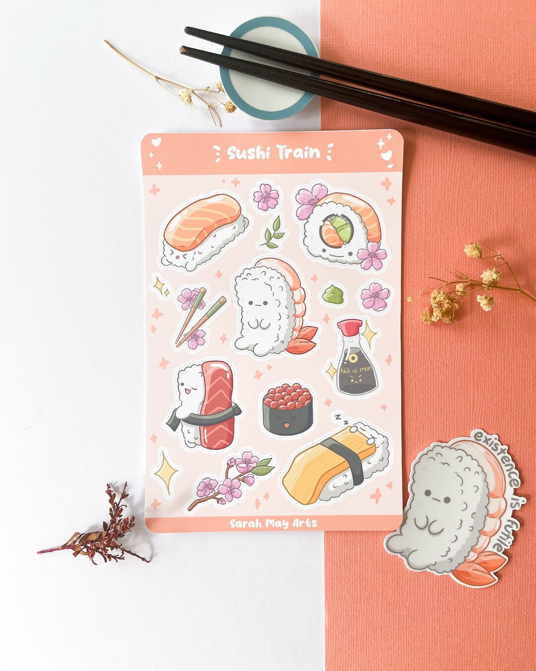 Sushi Train Sticker Sheet - 15pcs Matte Vinyl Floral Kiss Cut Stickers ...