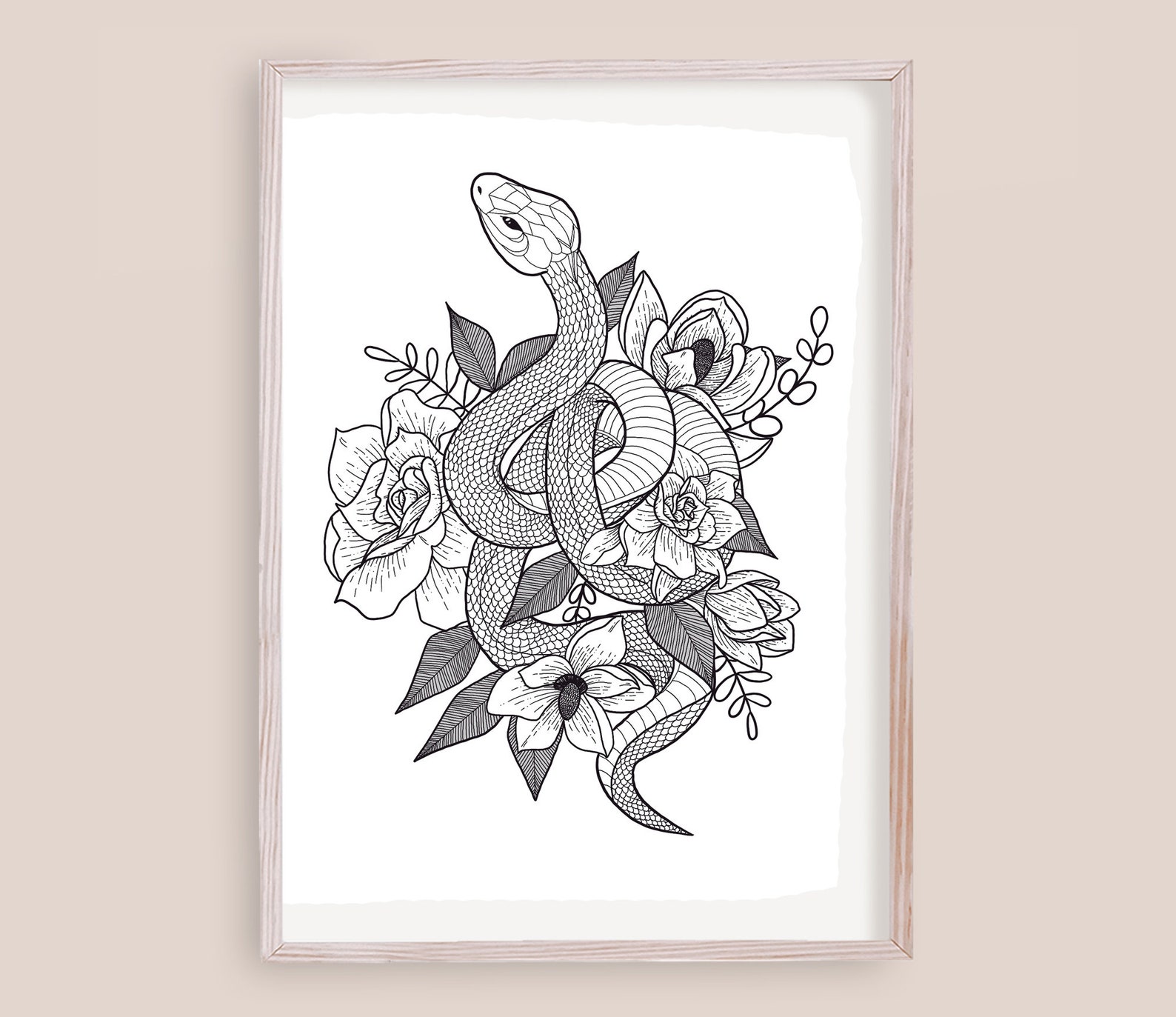 Floral Snake Art Print Fine Line Floral Art - Etsy Australia