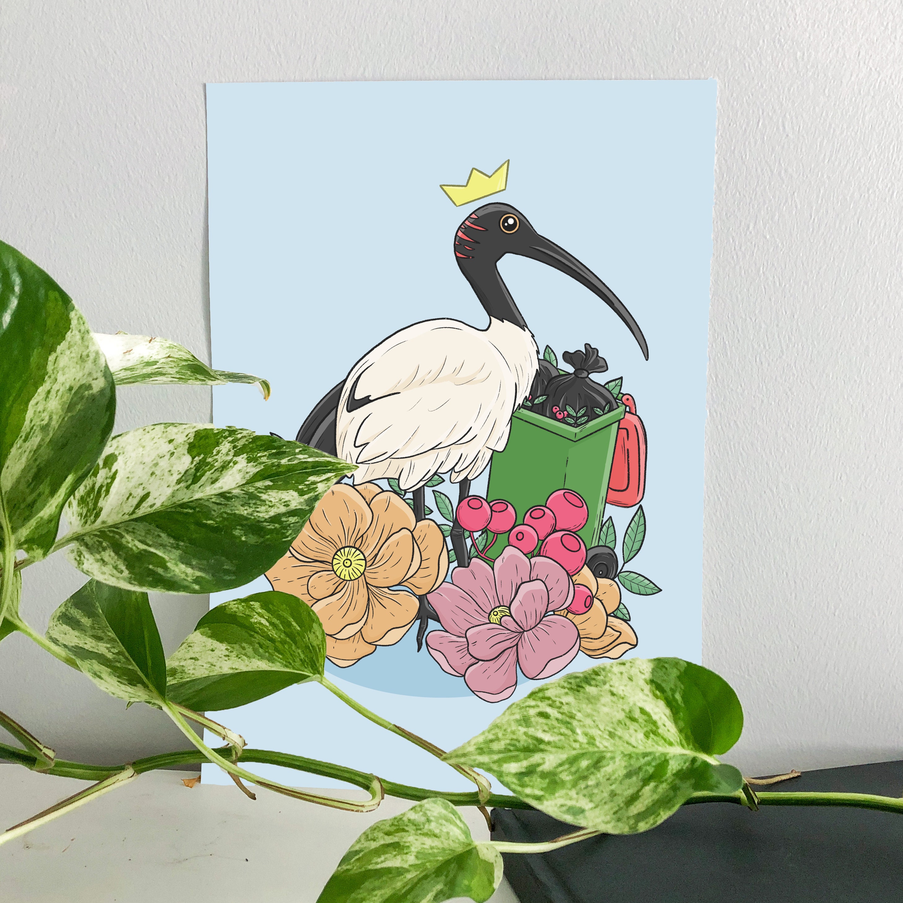 Bin Chicken Art Print Fine Line Australian Ibis Floral Art - Etsy Australia