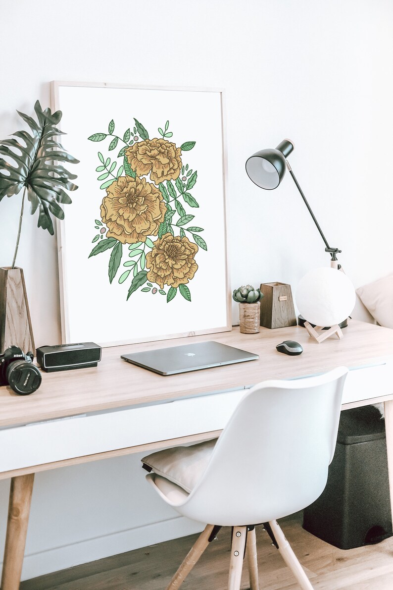 Marigold Art Print Fine Line Floral Art | Etsy