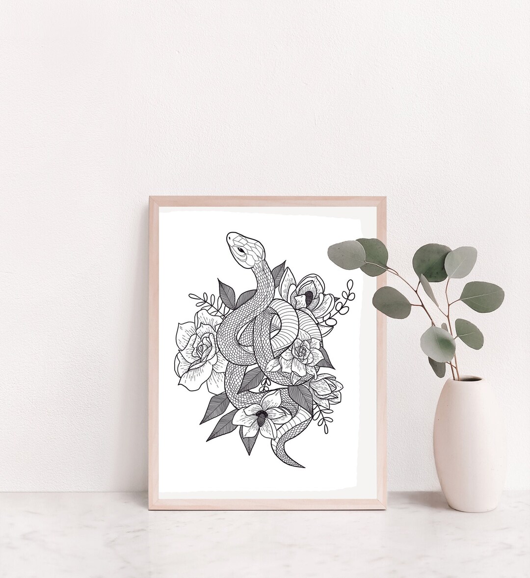 Floral Snake Art Print | Fine Line Floral Art - Etsy