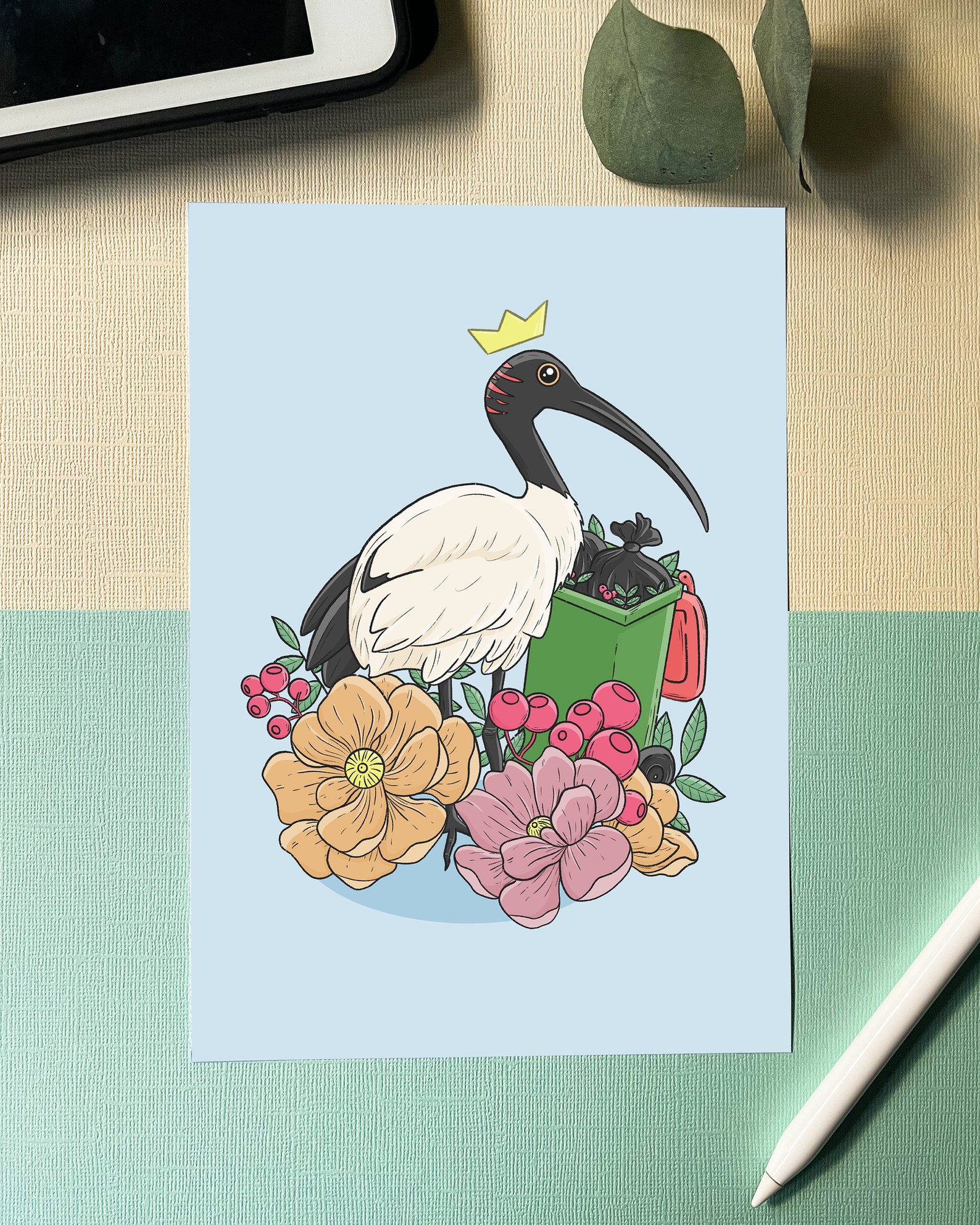 Bin Chicken Art Print Fine Line Australian Ibis Floral Art - Etsy Australia