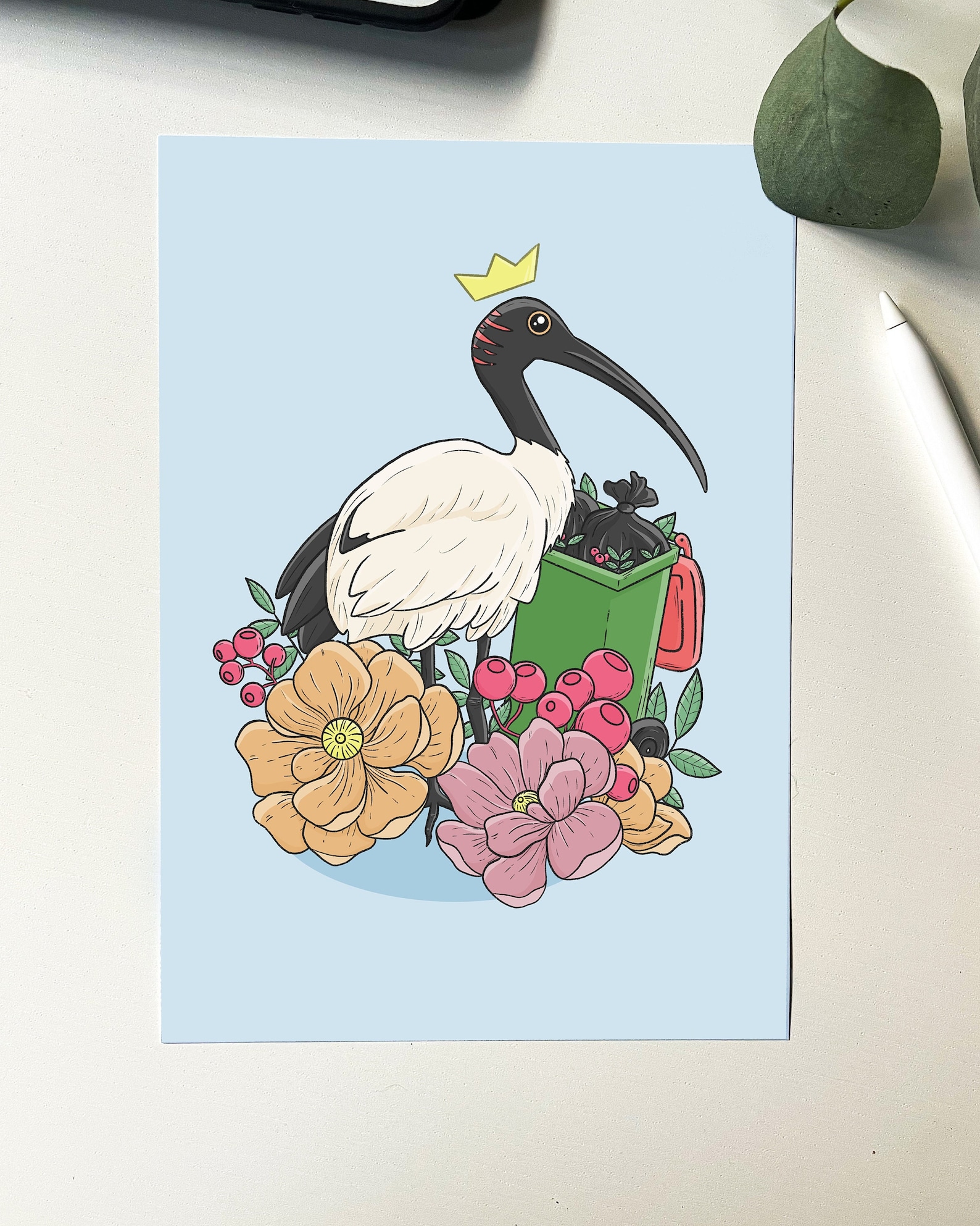 Bin Chicken Art Print Fine Line Australian Ibis Floral Art - Etsy Australia