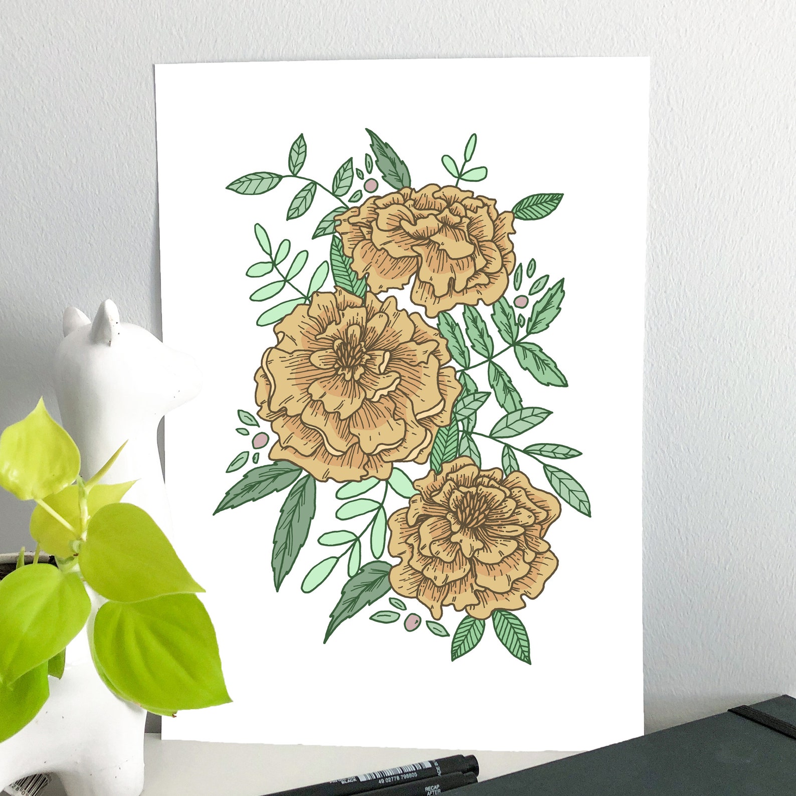 Marigold Art Print Fine Line Floral Art | Etsy