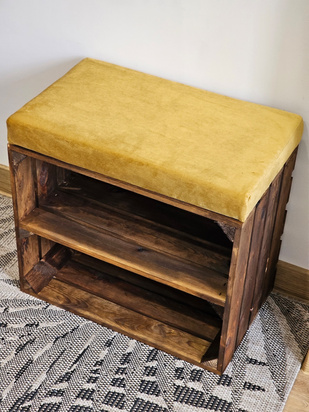 Farmhouse Rustic Solid Stained Wooden Crate Shoe Storage Bench With ...