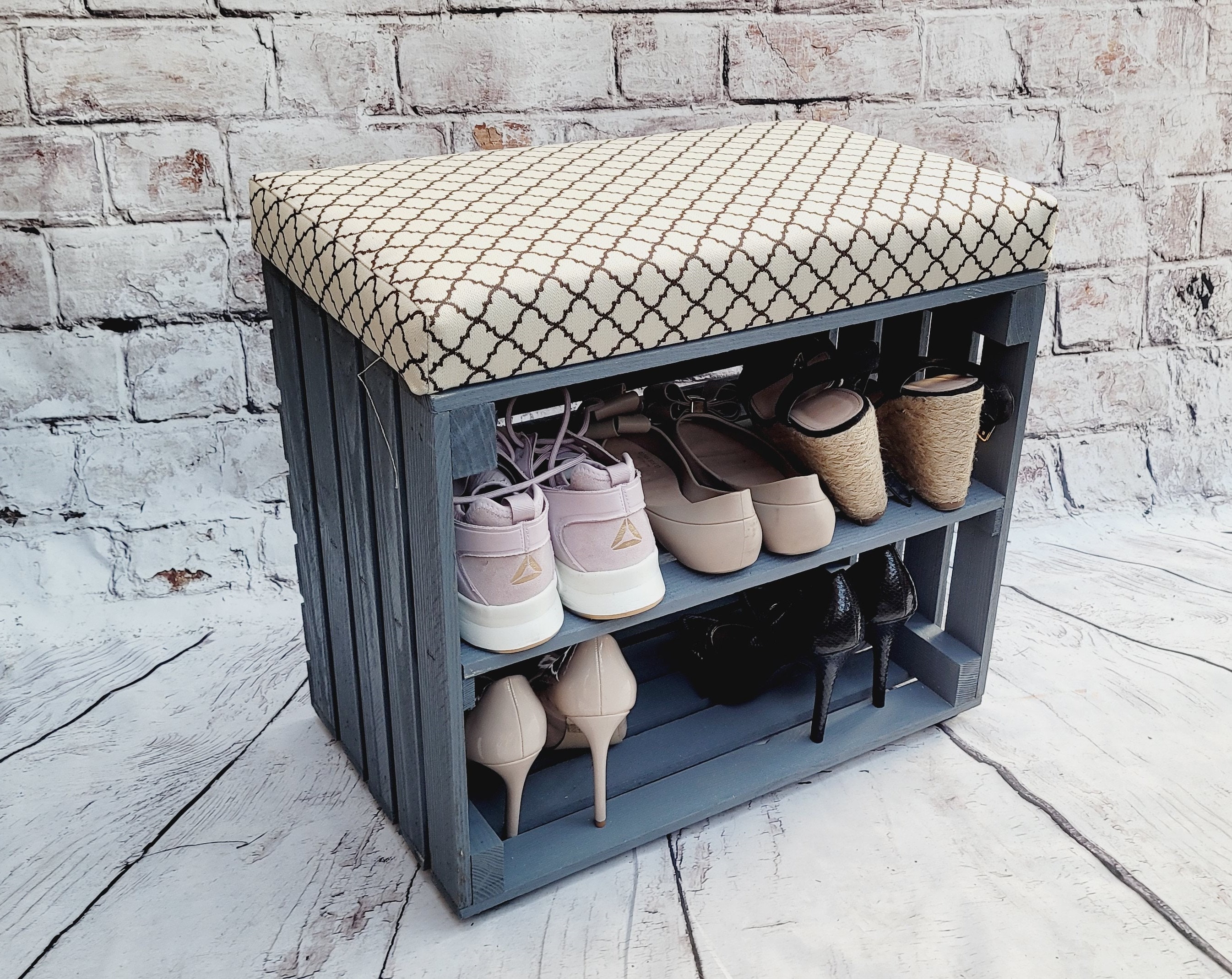 Wooden Crate Shoe Rack With Seat Shoe Box With Upholstered - Etsy UK