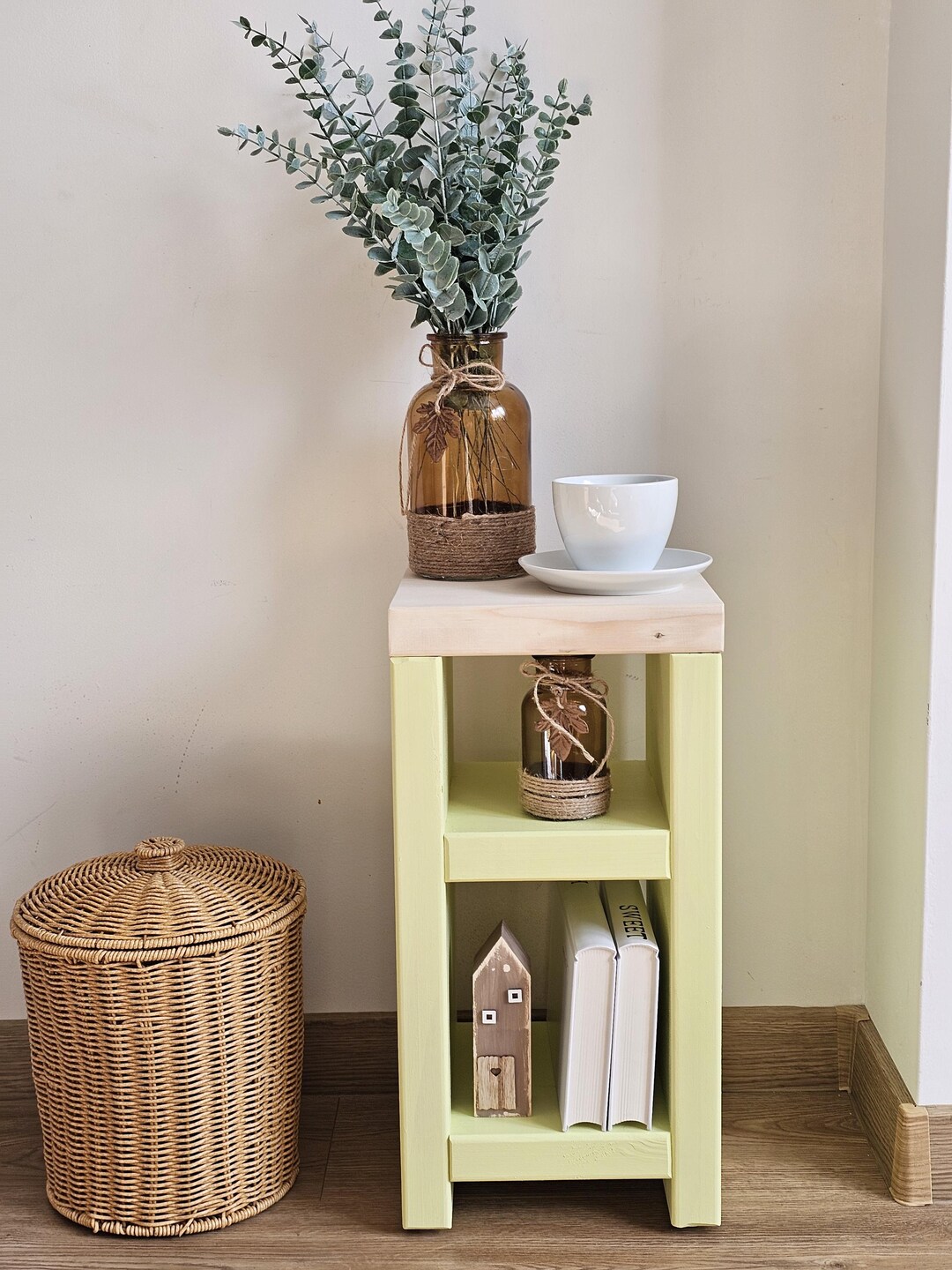 Handmade Slim Wooden Side Table, Narrow Bedside Table, Solid Wood ...