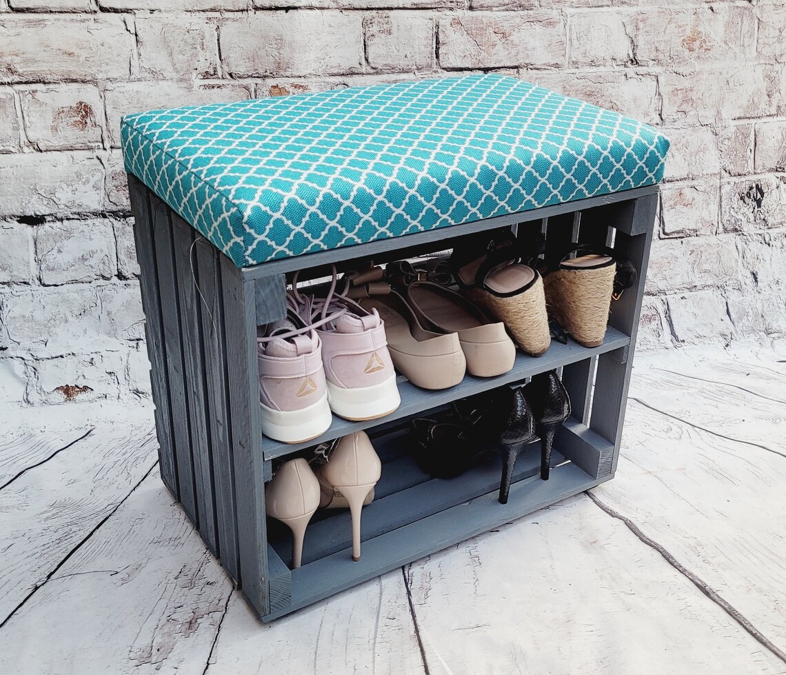 Wooden Crate Shoe Rack With Seat Shoe Box With Upholstered - Etsy UK