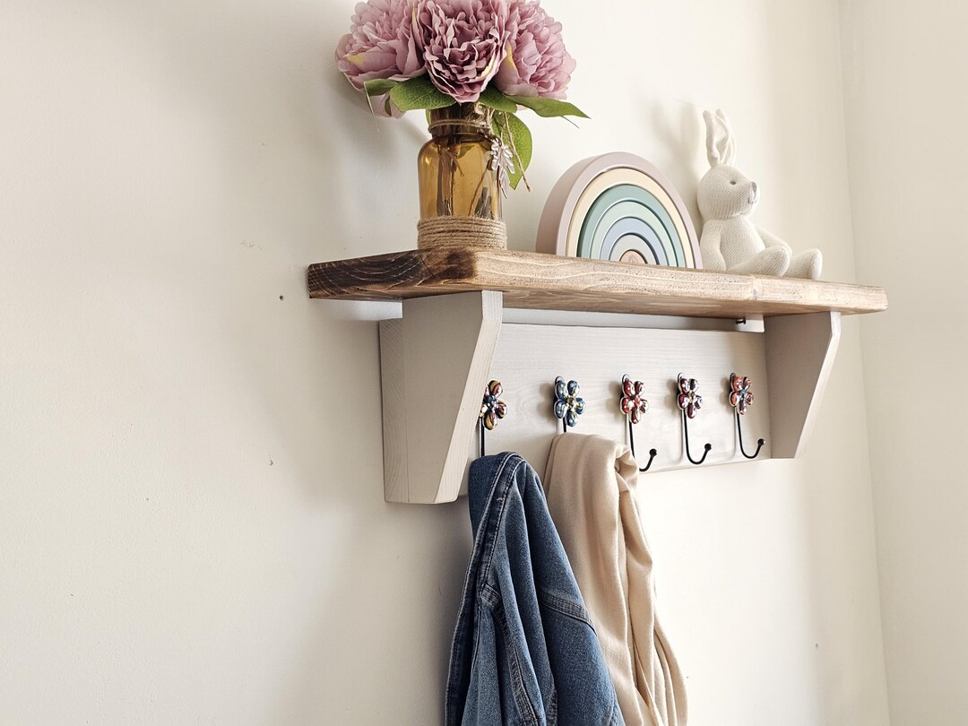 Handmade Wooden Coat Rack With Shelf: Ceramic Daisy Hooks - Etsy