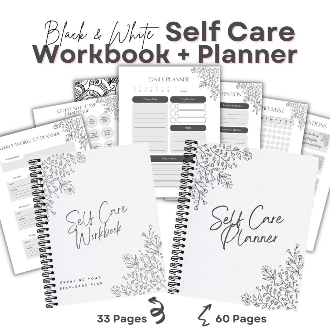 Printable Floral Black & White Self-care Planner Personal Care Planner ...