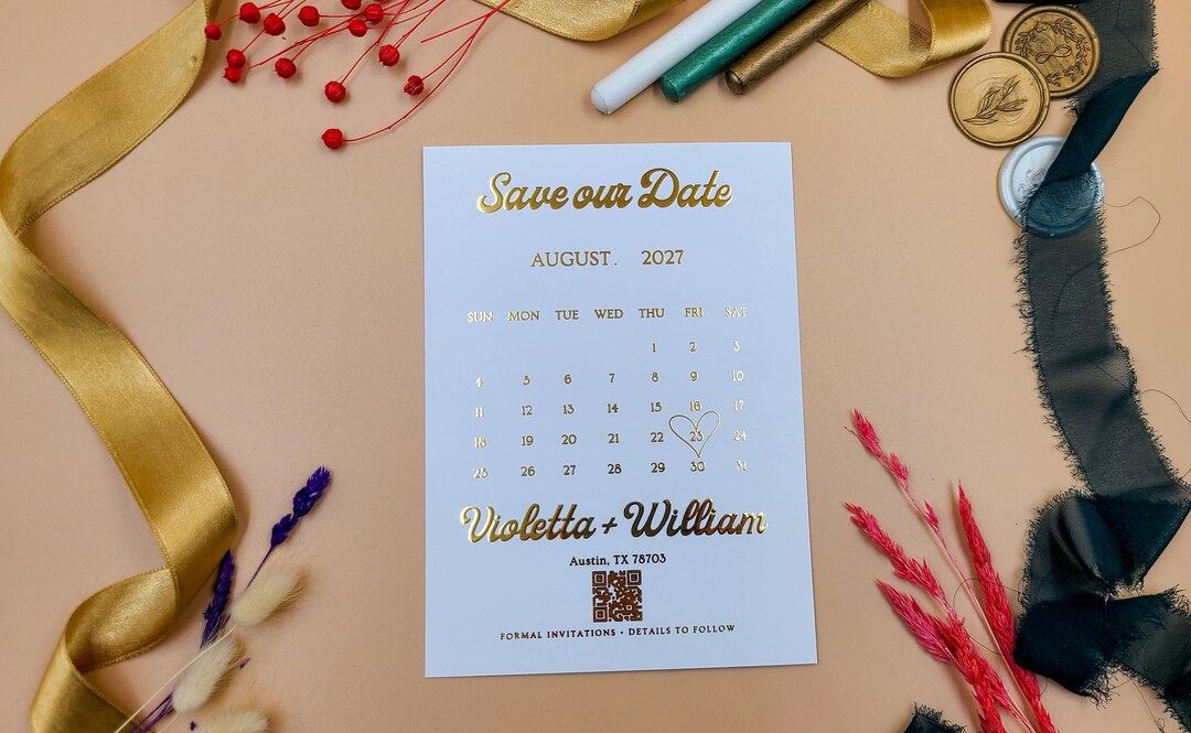 Gold Foil Calendar Embossed Save the Date | Personalized Wedding ...