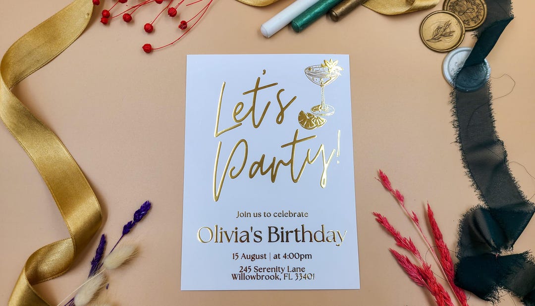 Gold Foil Birthday Invitation: Luxe Embossed Cocktail Party Invite - Etsy