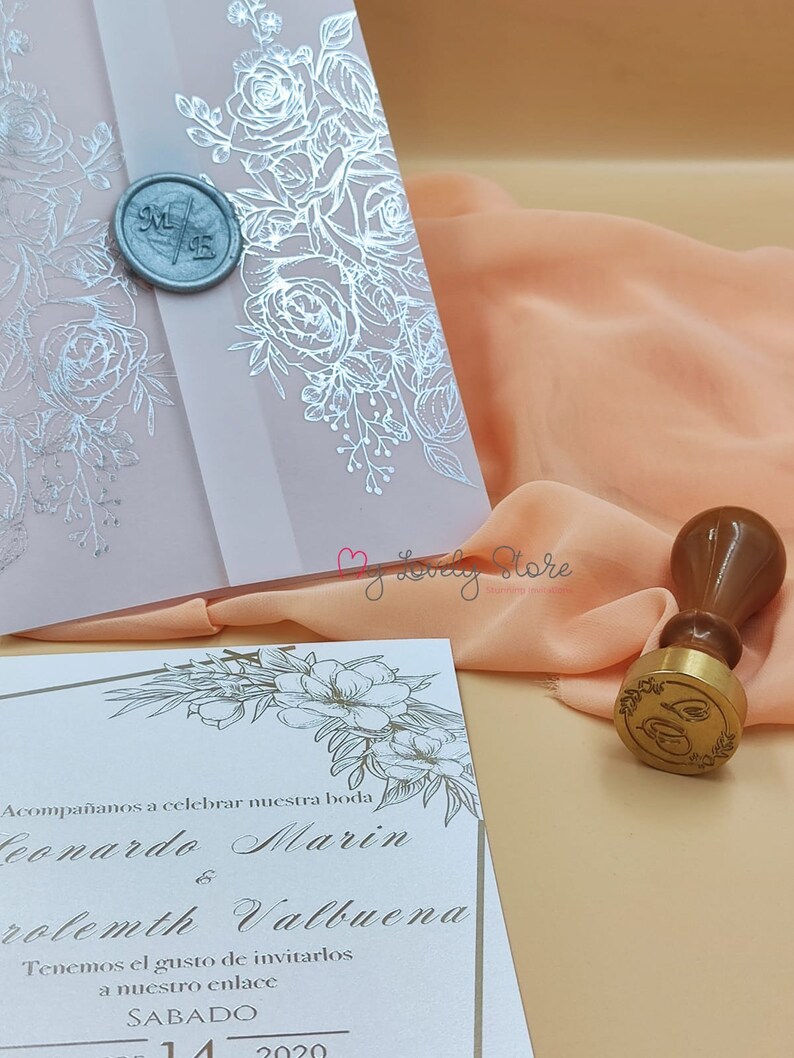 Gold Foil Floral Wedding Invitation Set, Vellum Wrap Invite, Custom Wax ...