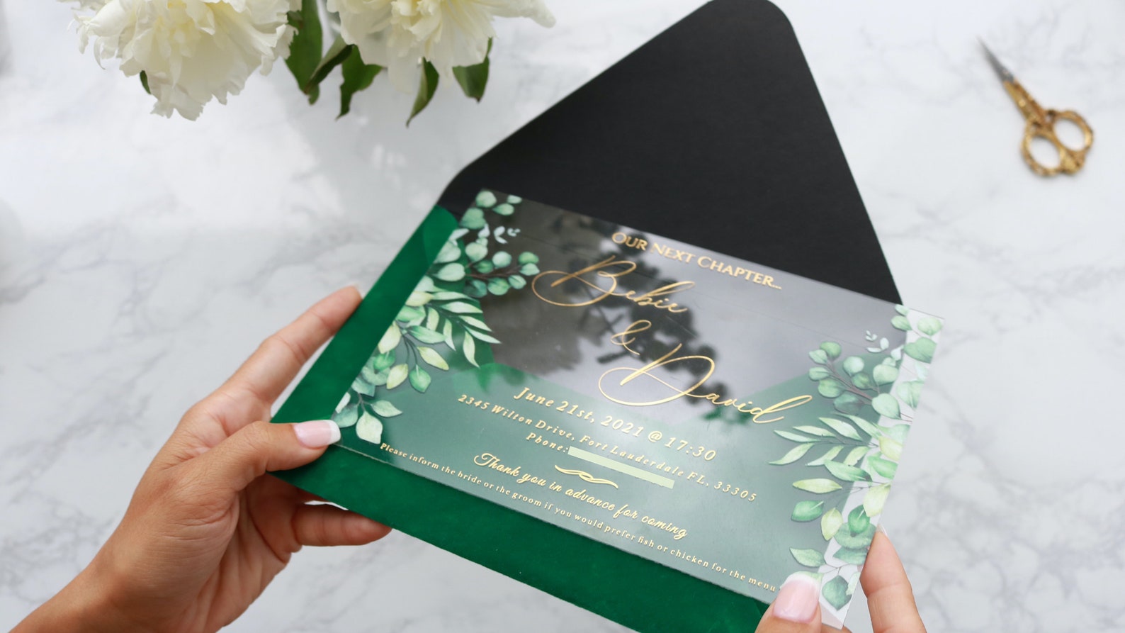 Elegant Acrylic Invitation With Green Velvet Envelopes Real | Etsy