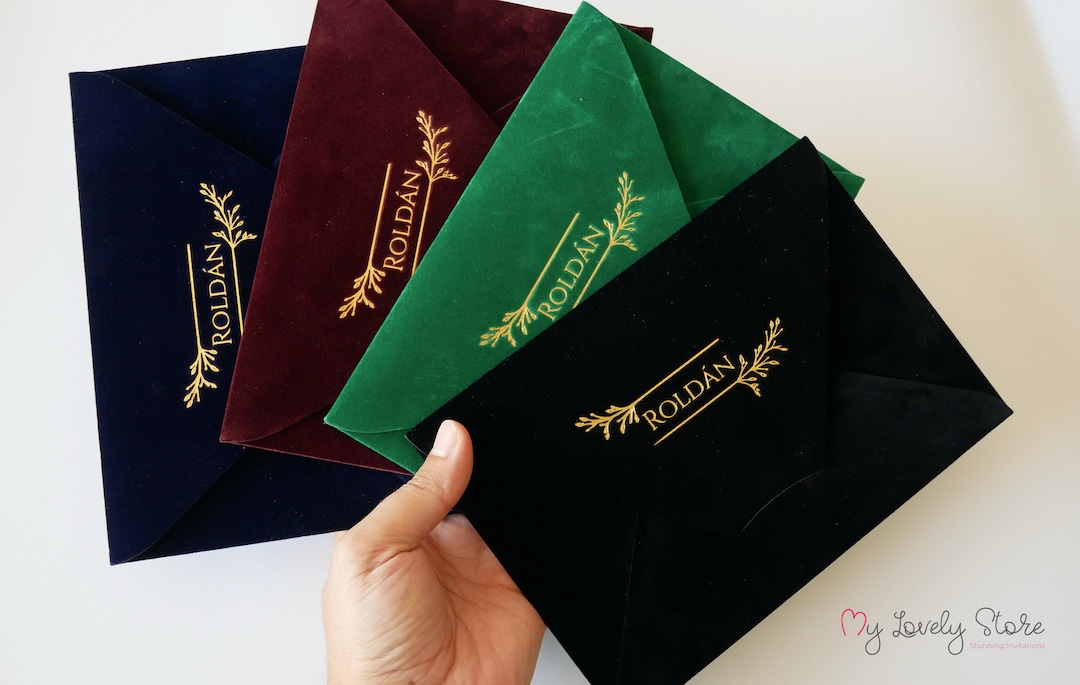 Custom Velvet Wedding Envelopes With Gold Foil Monogram | Personalized ...
