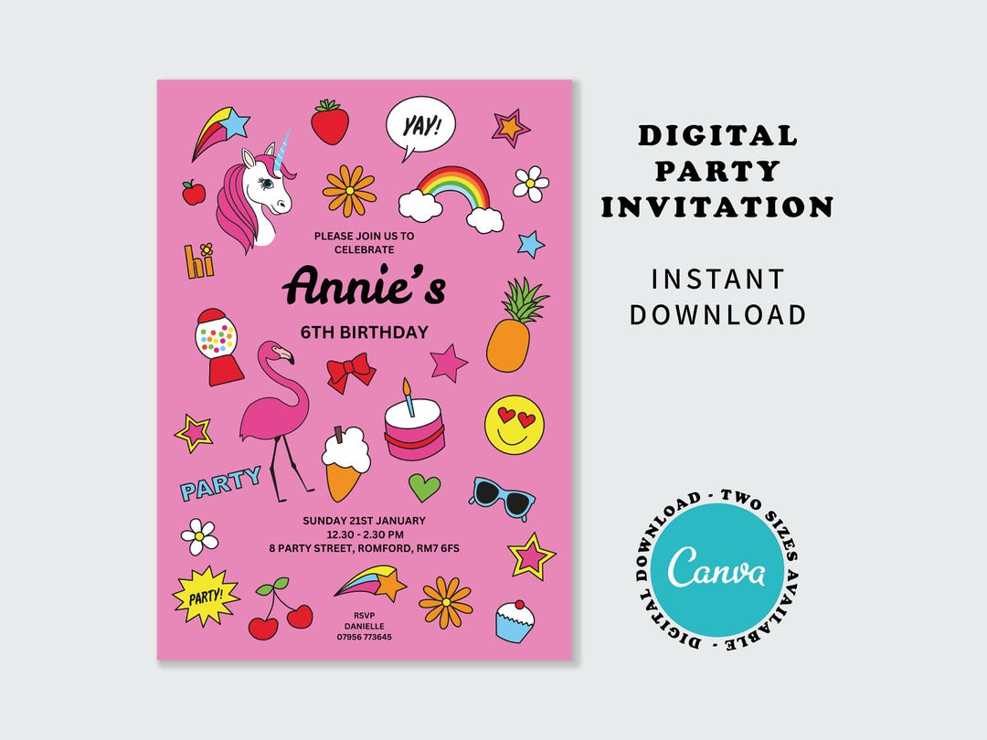 Personalised Girls Party Invitation - Editable Canva Template - Digital ...