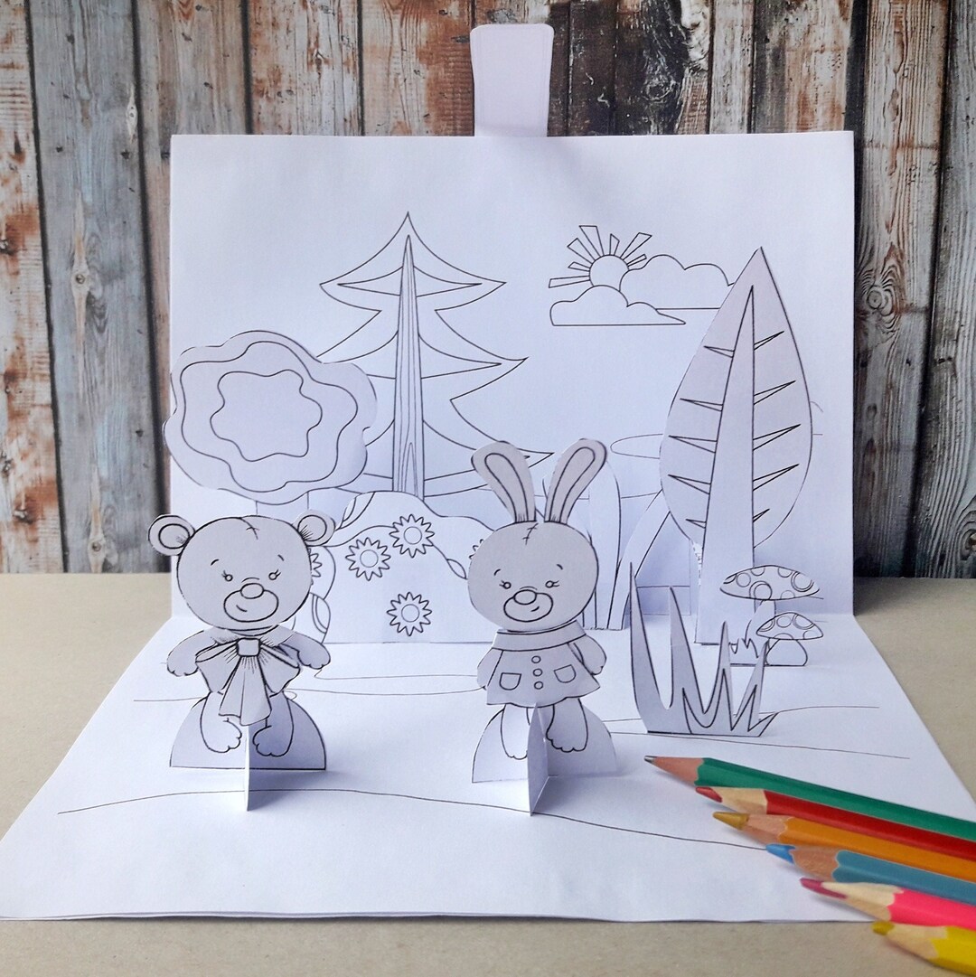 Woodland Animals Pop up Card: Kids Coloring Paper Craft (PDF) - Etsy