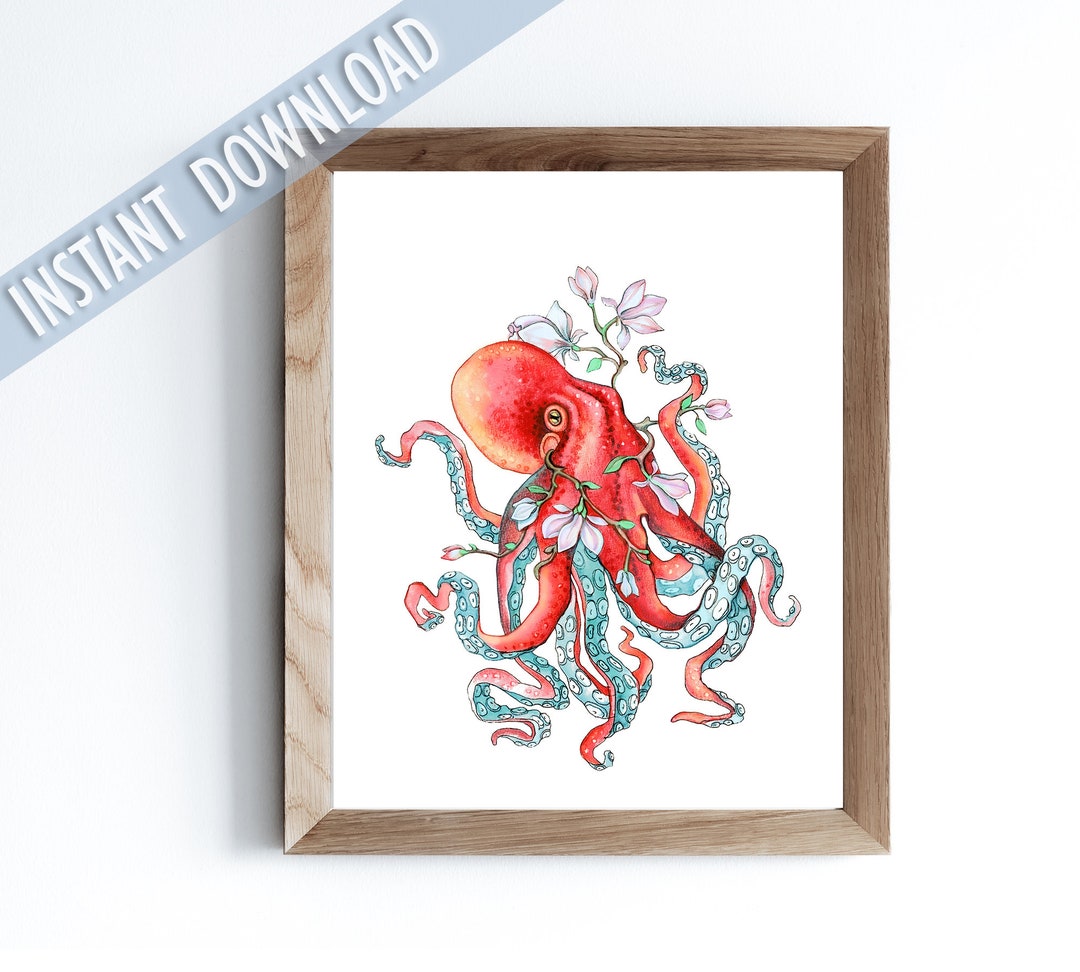 Red Octopus With Magnolia Printable Octopus Wall Art Digital Octopus ...