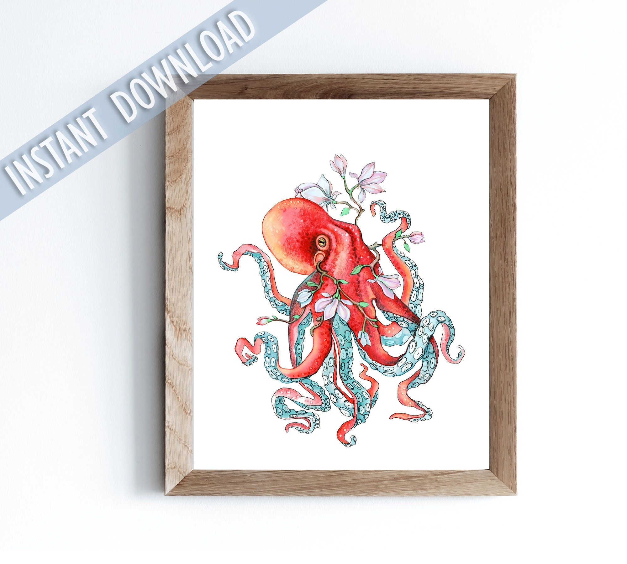 Red Octopus With Magnolia Printable Octopus Wall Art Digital Octopus ...
