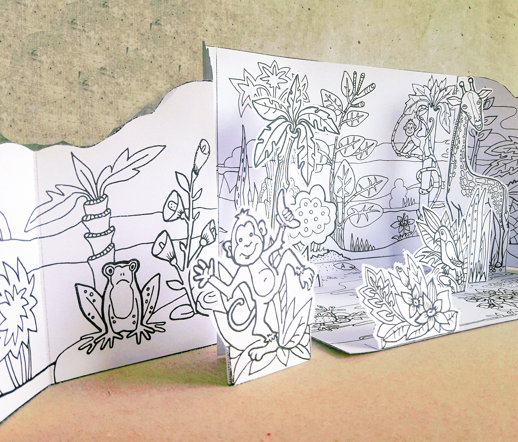 Jungle Pop up Card Coloring Pages: Printable Diorama Paper Theater (PDF ...