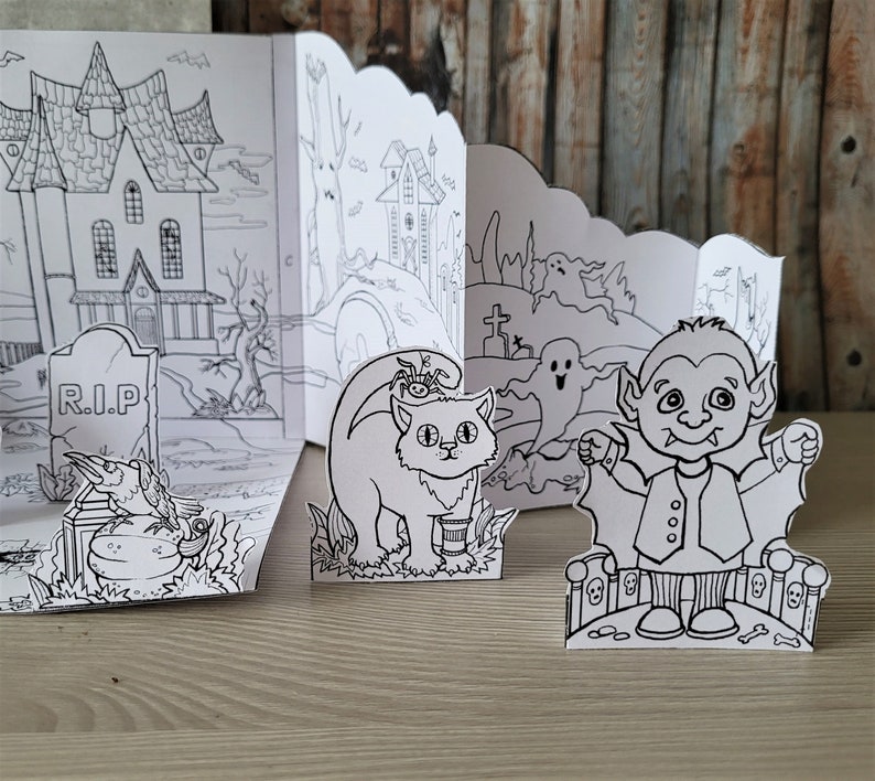 Halloween Haunted Scene. Halloween Village Coloring Pages PDF ...