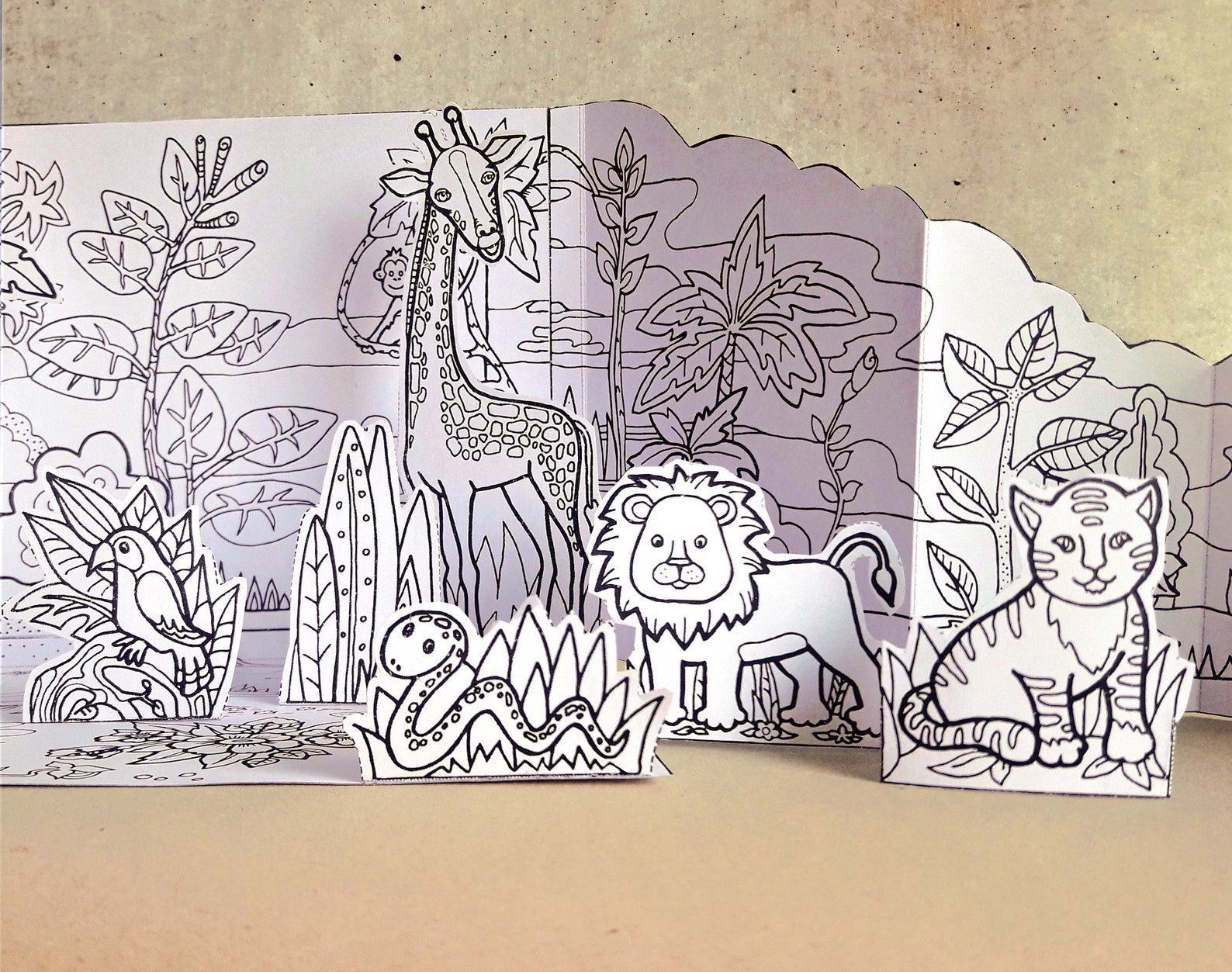Jungle Pop up Card Coloring Pages: Printable Diorama Paper Theater (PDF ...