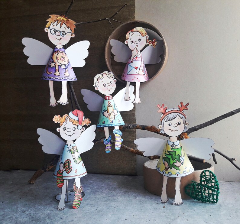 Cute Angel Figurine Set of 5 Printable Angels DIY Colorful Paper Angel ...